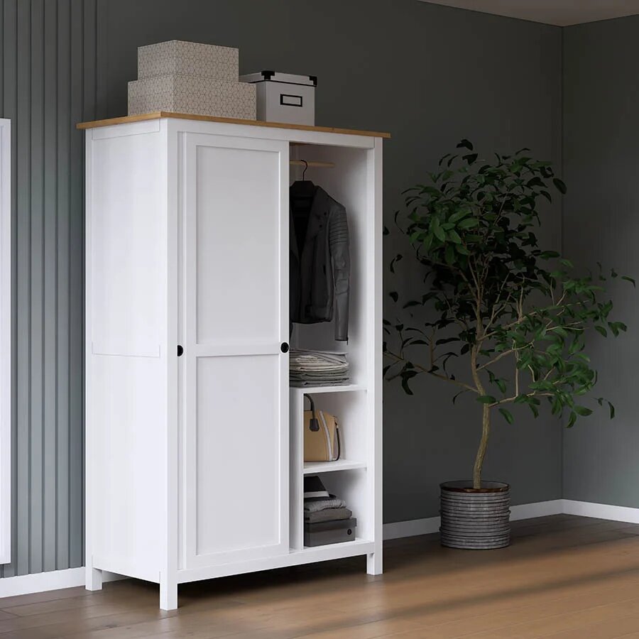 Шкаф купе двухдверный HEMNES Кымор, цвет белый/светло-коричневый, массив сосны, 120 x 197 x 59 см