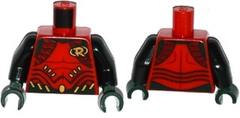 Деталь Lego 973pb2264c01 Torso Batman 'R' Symbol, Body Armor with Muscles Outline and Dark Green and Gold Belt Pattern / Black Arms / Dark Green Hands