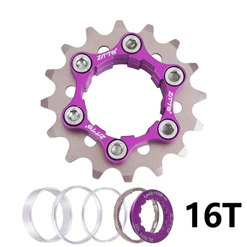 Звезда задняя ZTTO 16T на втулку сингл-спид, алюминиевая, silver-purple