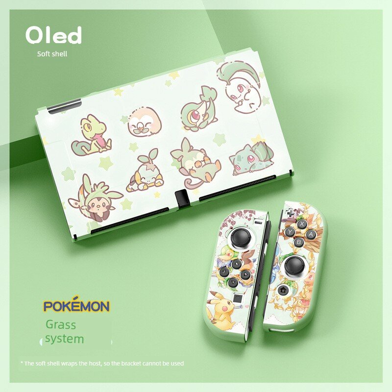 Защитный чехол для Nintendo Switch OLED с ТПУ мягкой оболочкой, тематика покемонов травяного типа, зеленый цвет игровой