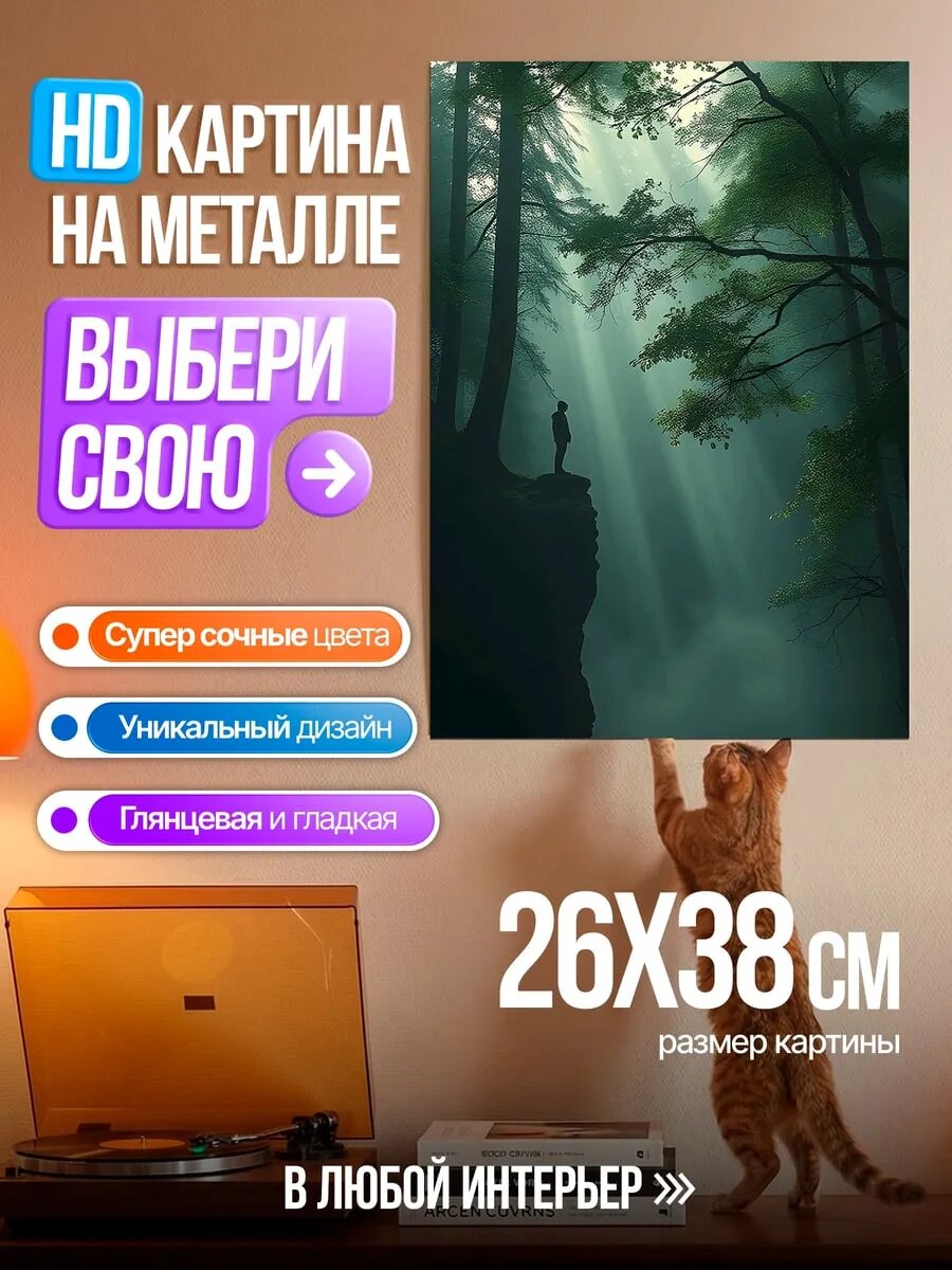 Картина на HD металле Одинокий путник в лесу