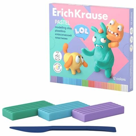 6 шт. Пластилин классический ERICH KRAUSE "Jolly Friends pastel", 12 цветов, 216 г, со стеком, 61352