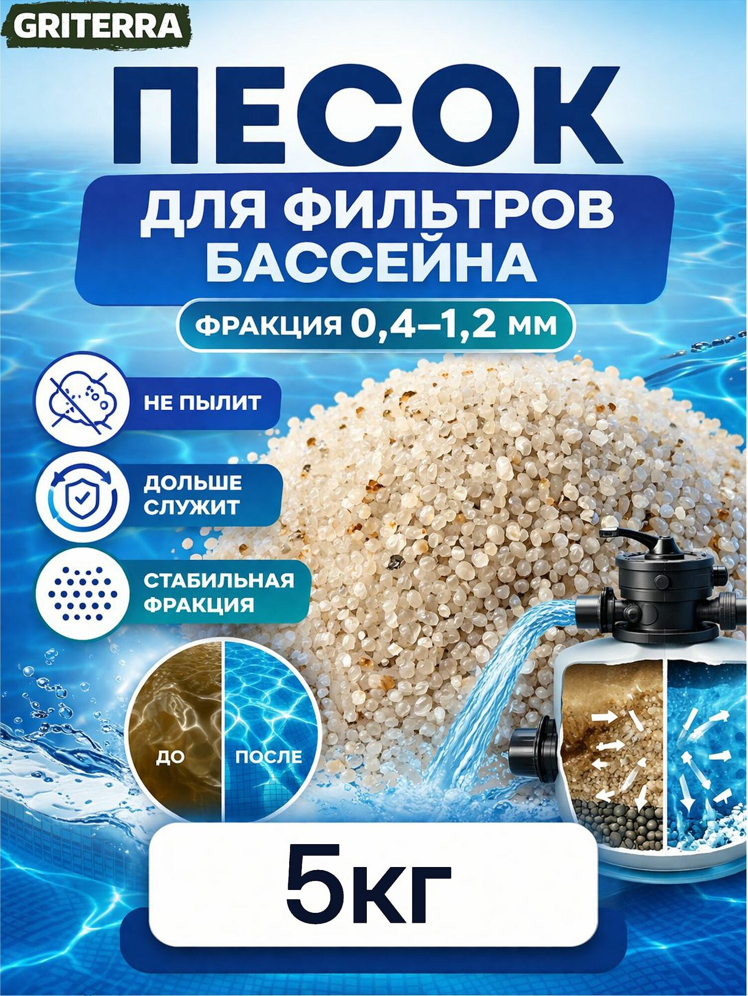 Кварцевый песок для фильтрации воды, 0,4-1,2мм (для бассейнов и фильтров, песочниц) 5кг