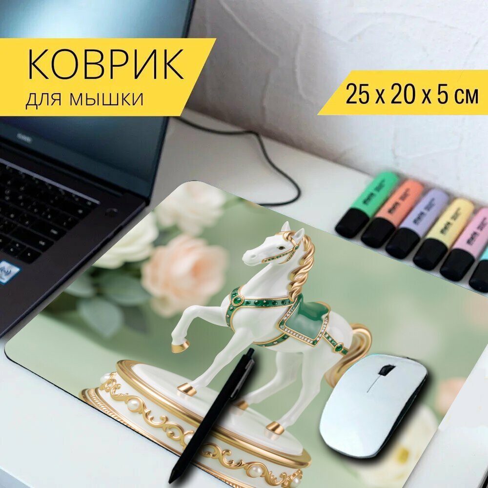 Коврик для мыши с принтом "Белая карусельная лошадка. Изящная фигурка коня с поднятой ногой, в изумрудной сбруе и золотом декоре, на украшенной подставке. Нежный пастельный." 25x20см.