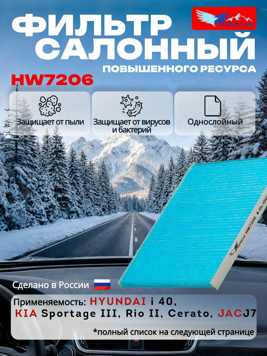 Фильтр салонный HawkCar HW7206 антибактериальный для Хендай Акцент 4, HYUNDAI i 40, Tucson, Genesis; Киа Рио 2, Киа Церато / Cerato, Kia Sportage III / Киа Спортейдж 3, JAC J7, москвич 3
