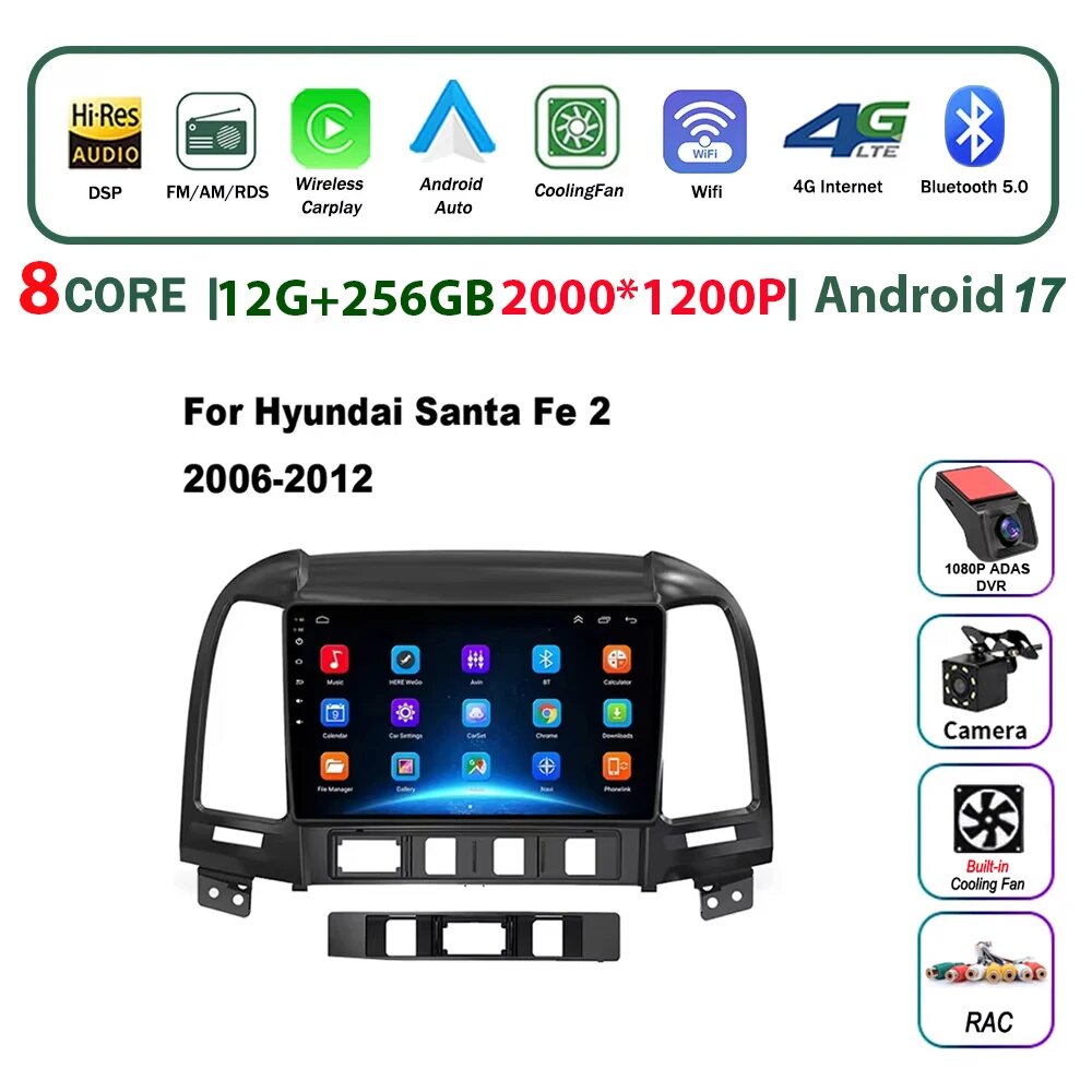 Автомагнитола Android 17 8CORE 12G+256GB для Hyundai Santa Fe 2 2006-2012, Carplay