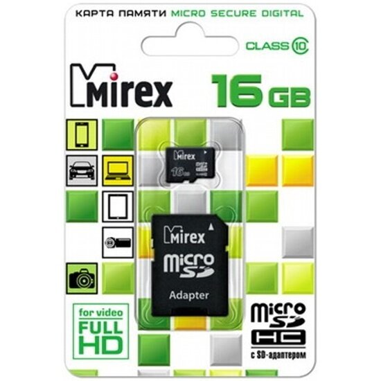 Карта памяти Mirex 16GB microSDHC Class 10 + ADP (13613-AD10SD16)