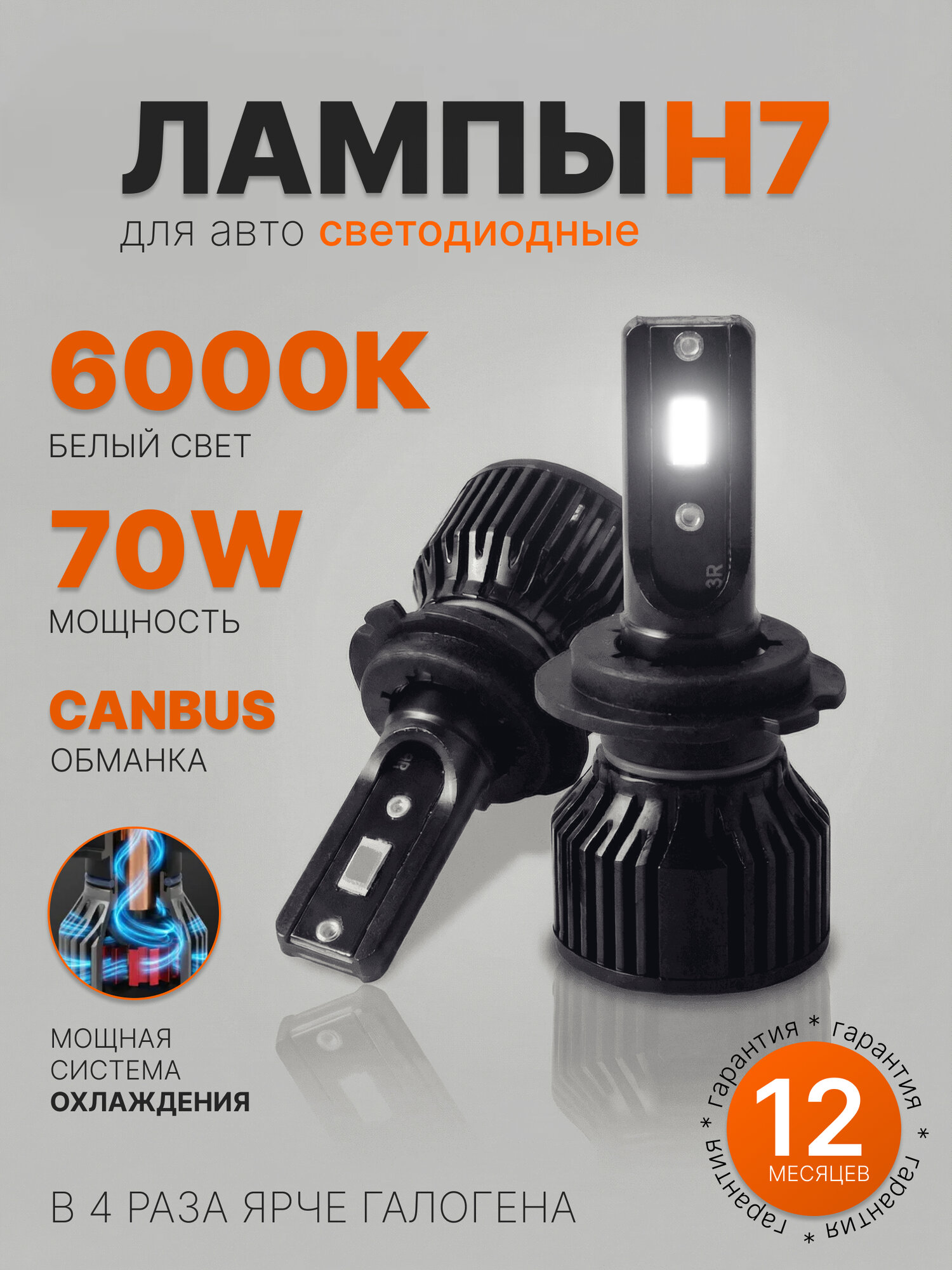 Лампы H7 LED автомобильные светодиодные, лед лампы, белый свет 6000K, комплект 2 шт