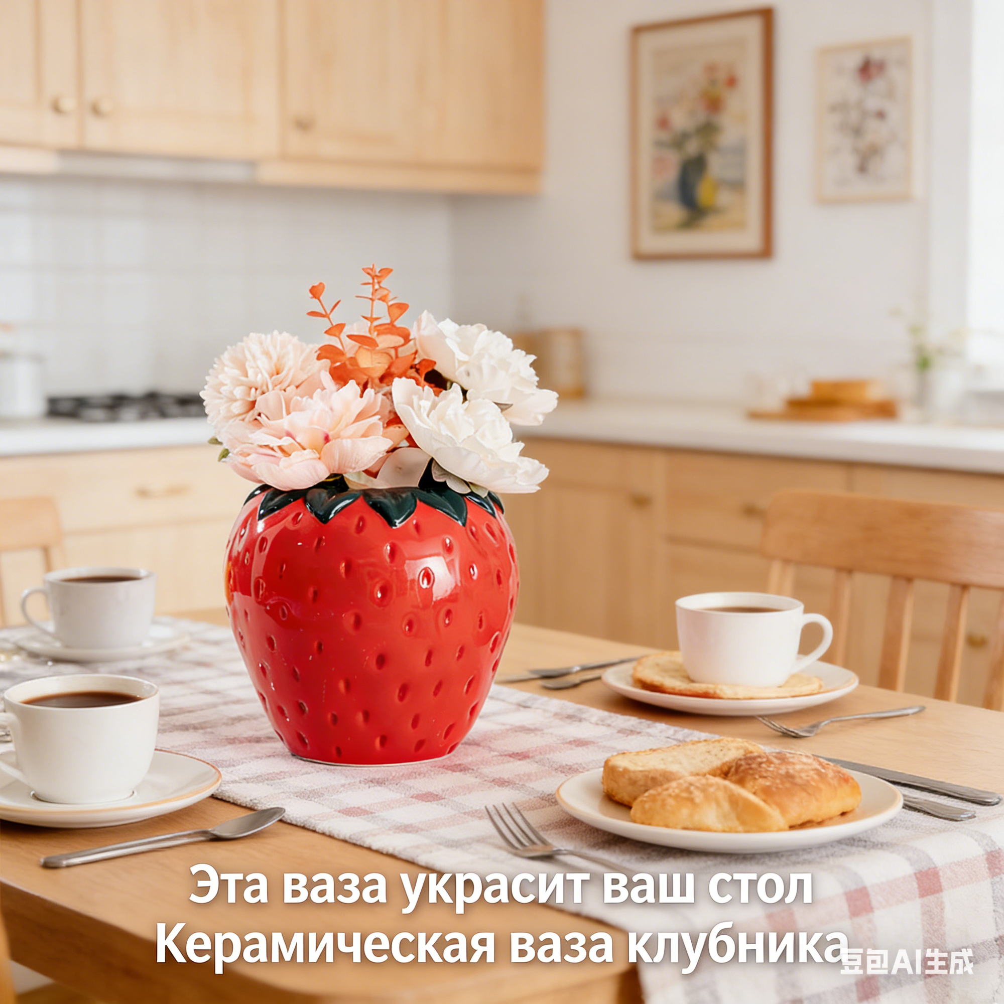 Симпатичная ваза с рисунком клубники, керамический материал, высота 15 см