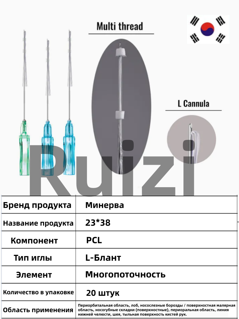 MINERVA PCL L-Блант Многопоточность Канюля для контурной пластики 20шт, 23G х 38mm, Нити коги для лица