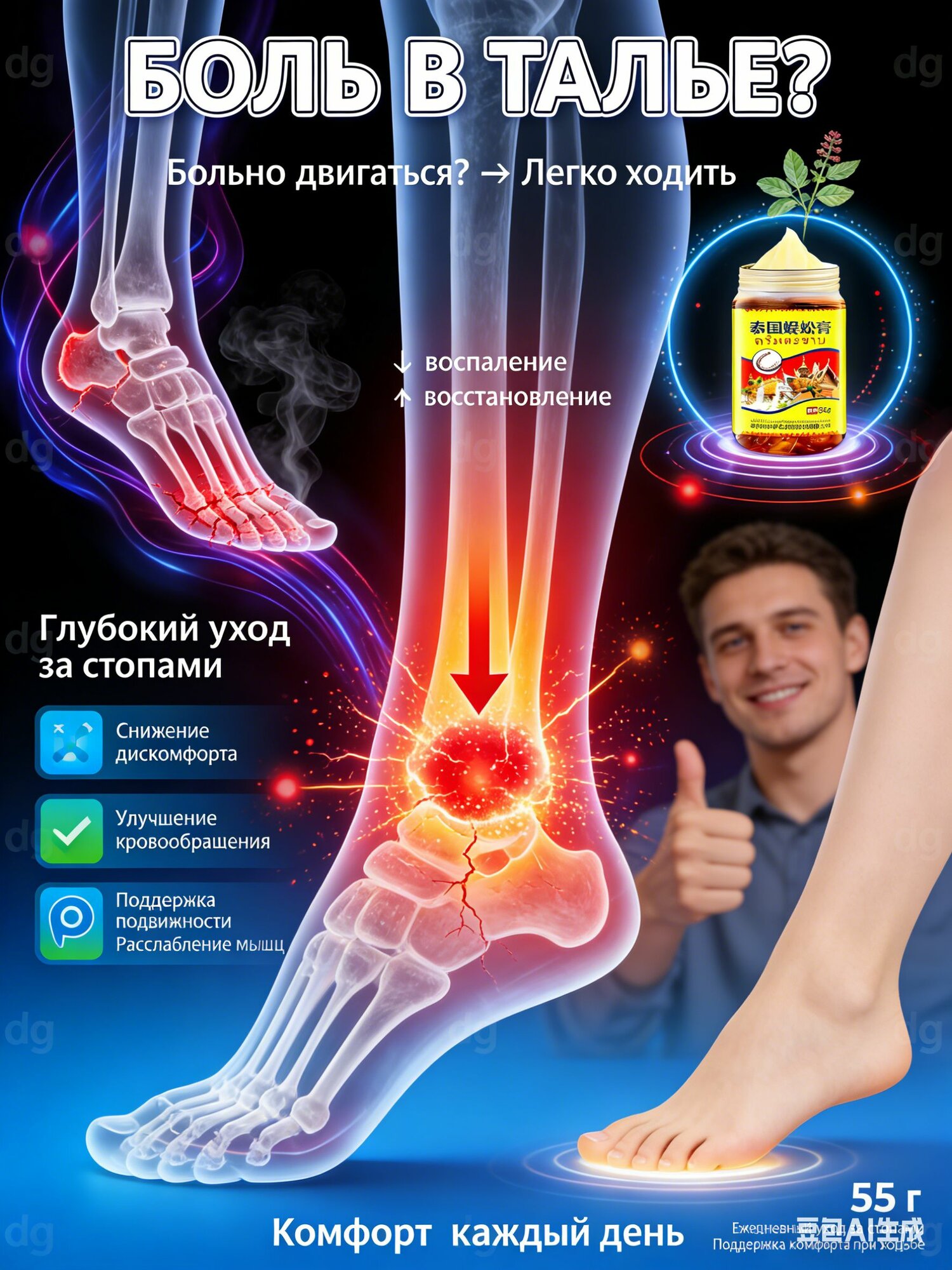 Мазь для пяток 55г уход за стопами после длительной ходьбы комфорт при движении для активного образа жизни
