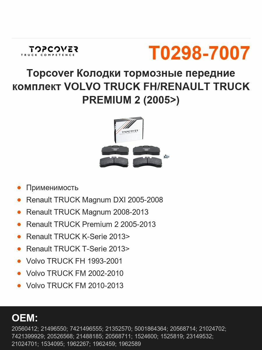 Topcover Колодки тормозные передние комплект VOLVO TRUCK FH/RENAULT TRUCK PREMIUM 2 (2005>)