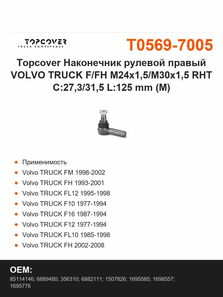 Topcover Наконечник рулевой правый VOLVO TRUCK F/FH M24x1,5/M30x1,5 RHT C:27,3/31,5 L:125 mm (M)