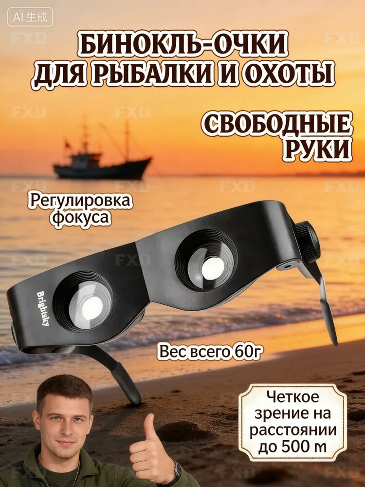 Бинокль-очки для рыбалки и охоты 10х увеличительные. Очки для наблюдения за поплавком и охоты; легкие панорамные очки телескоп на голову с регулировкой фокуса