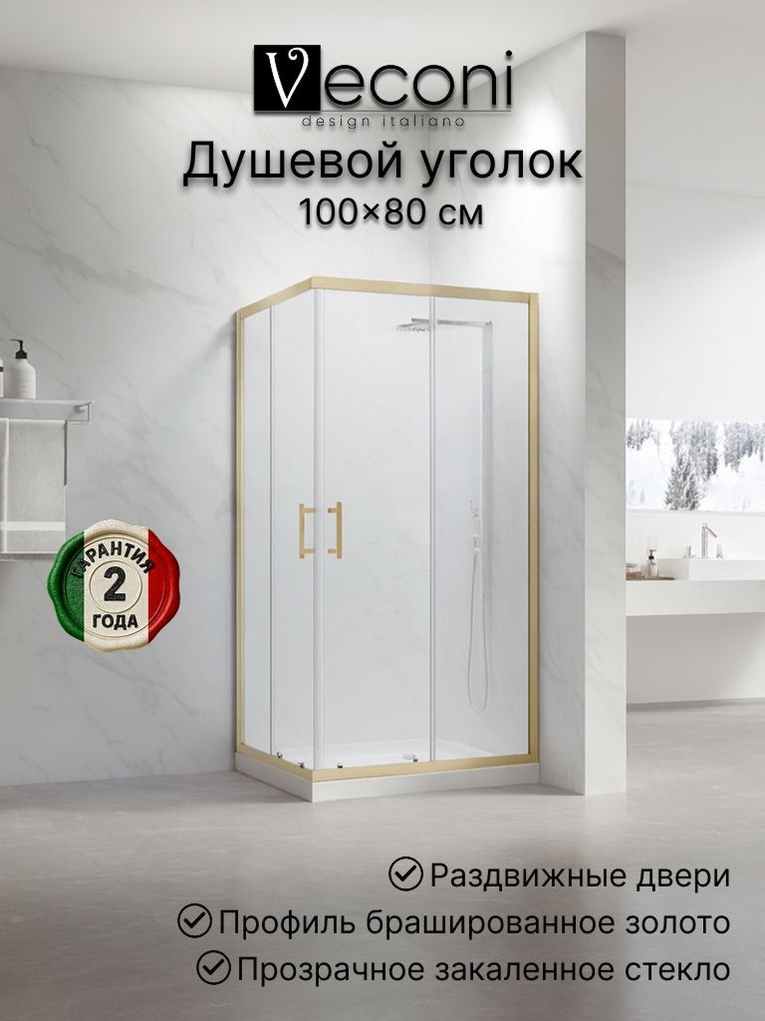 Душевой уголок Veconi Rovigo RV-27G 100х80, стекло прозрачное, профиль брашированное золото RV27G-10080-01-C8