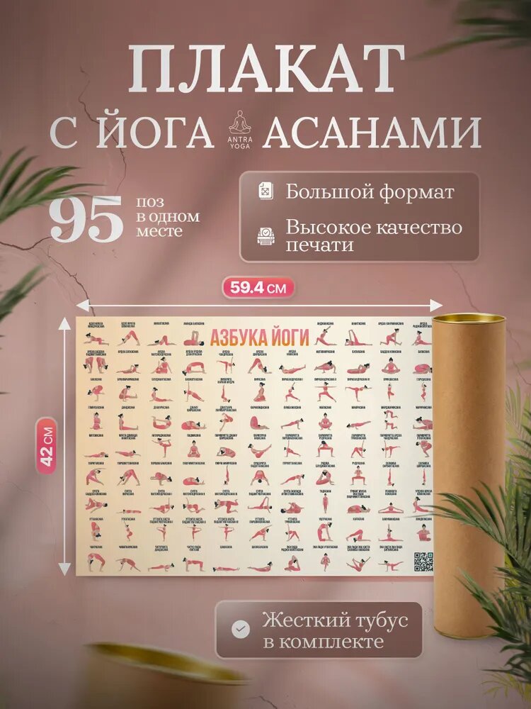 Большой плакат для йоги А2: 95 асан с названиями, в подарочном тубусе