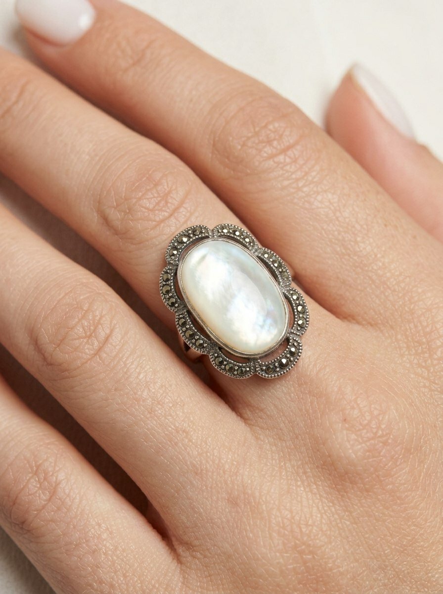Кольцо, серебро, 925 проба, перламутр, марказит