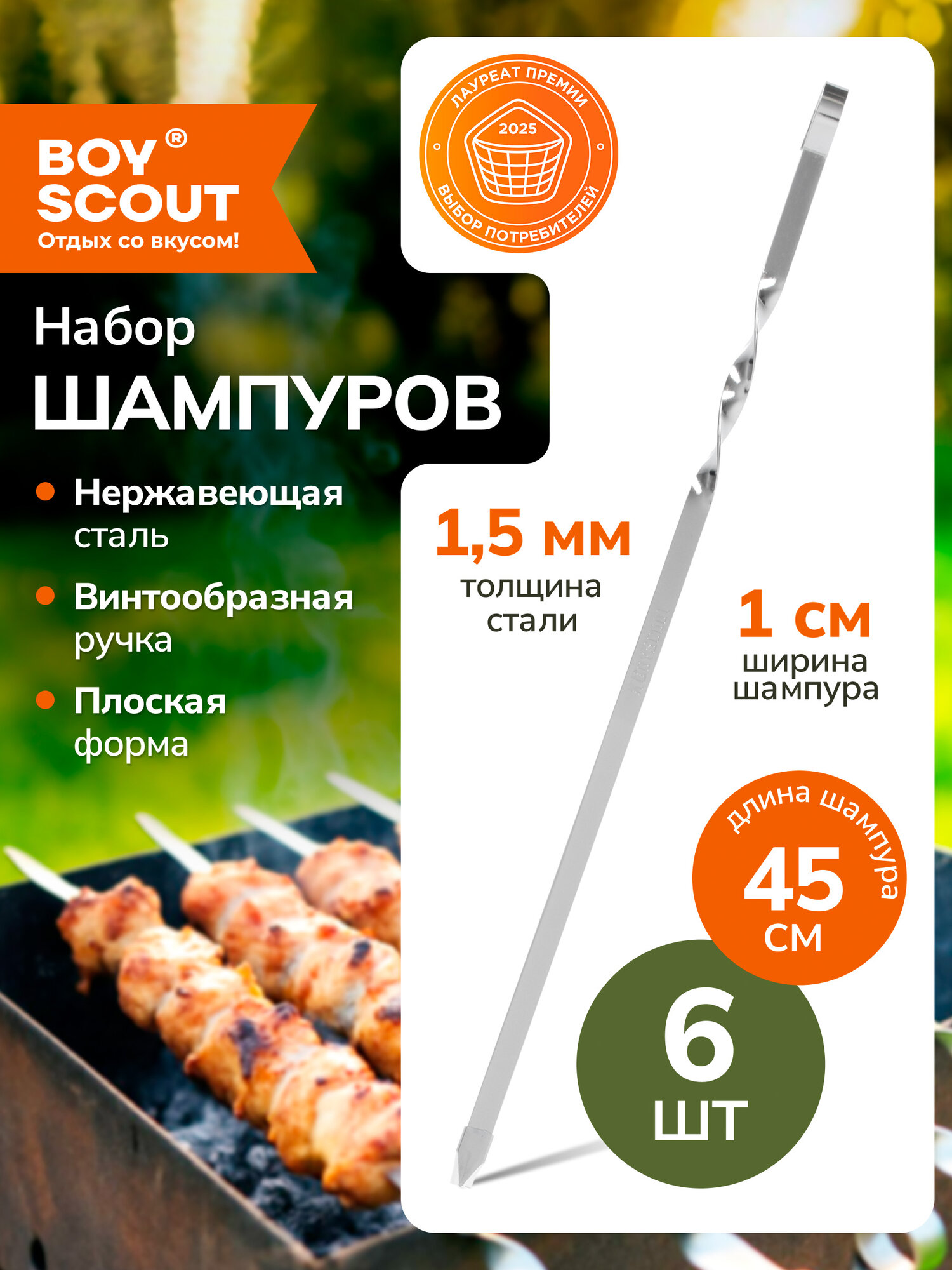 Шампуры BOYSCOUT, плоские, набор 6шт, в блистере, серебристые