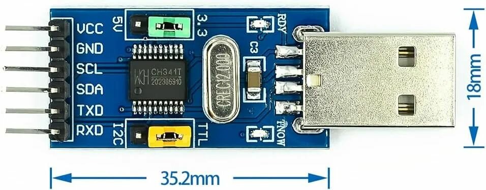 1x Модуль CH341T 2-в-1: USB в I2C/IIC и UART/TTL Универсальный преобразователь для Arduino, ESP и микроконтроллеров