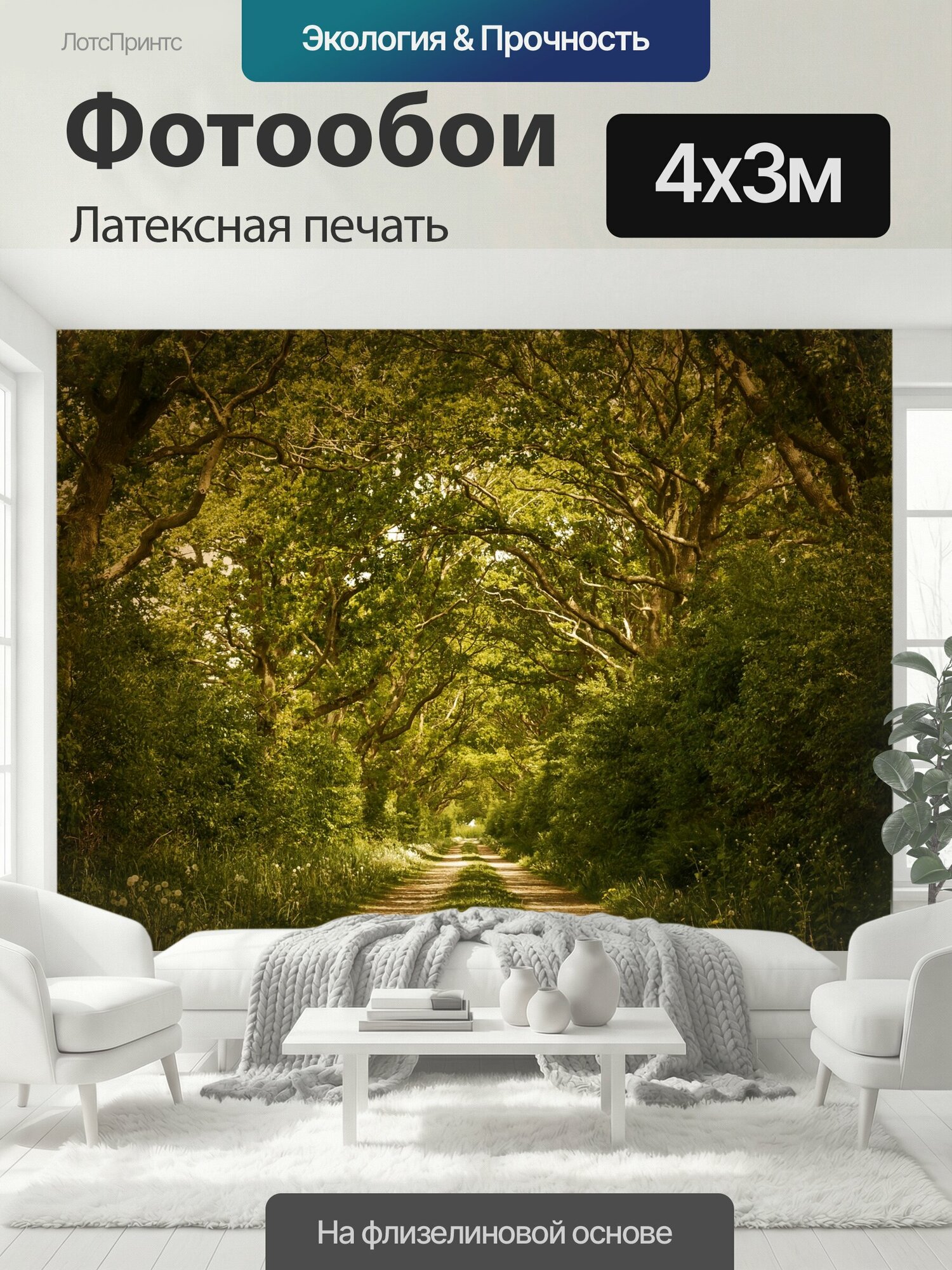 Фотообои моющиеся ударопрочные "Лес, деревья, лесная тропа" 400x300 см. латексная печать