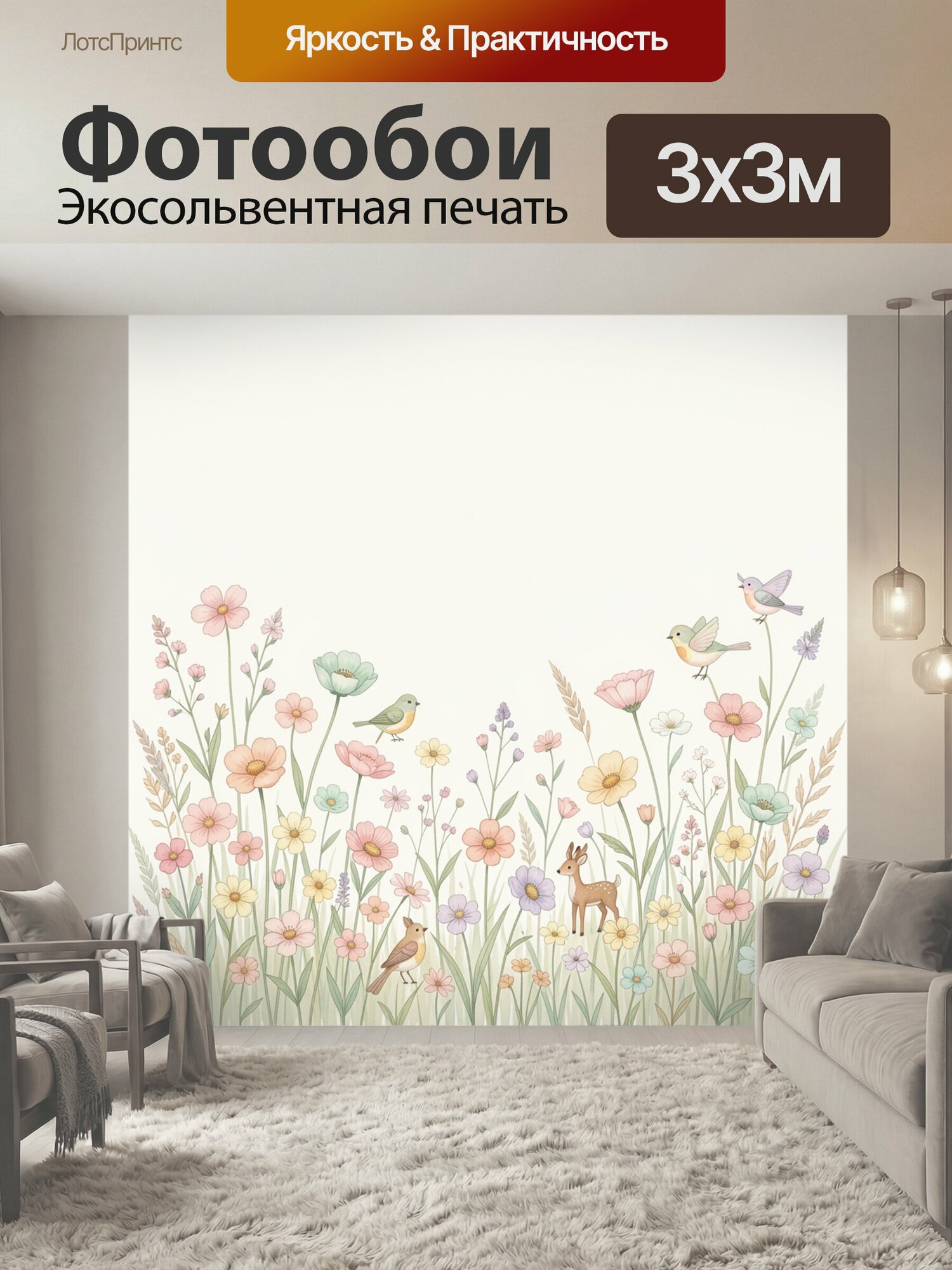 Фотообои "Цветущая поляна с птицами и олененком. Нежная акварельная летняя композиция с полевыми растениями, пастельными бутонами, маленькими." 300x300 см. экосольвентная печать