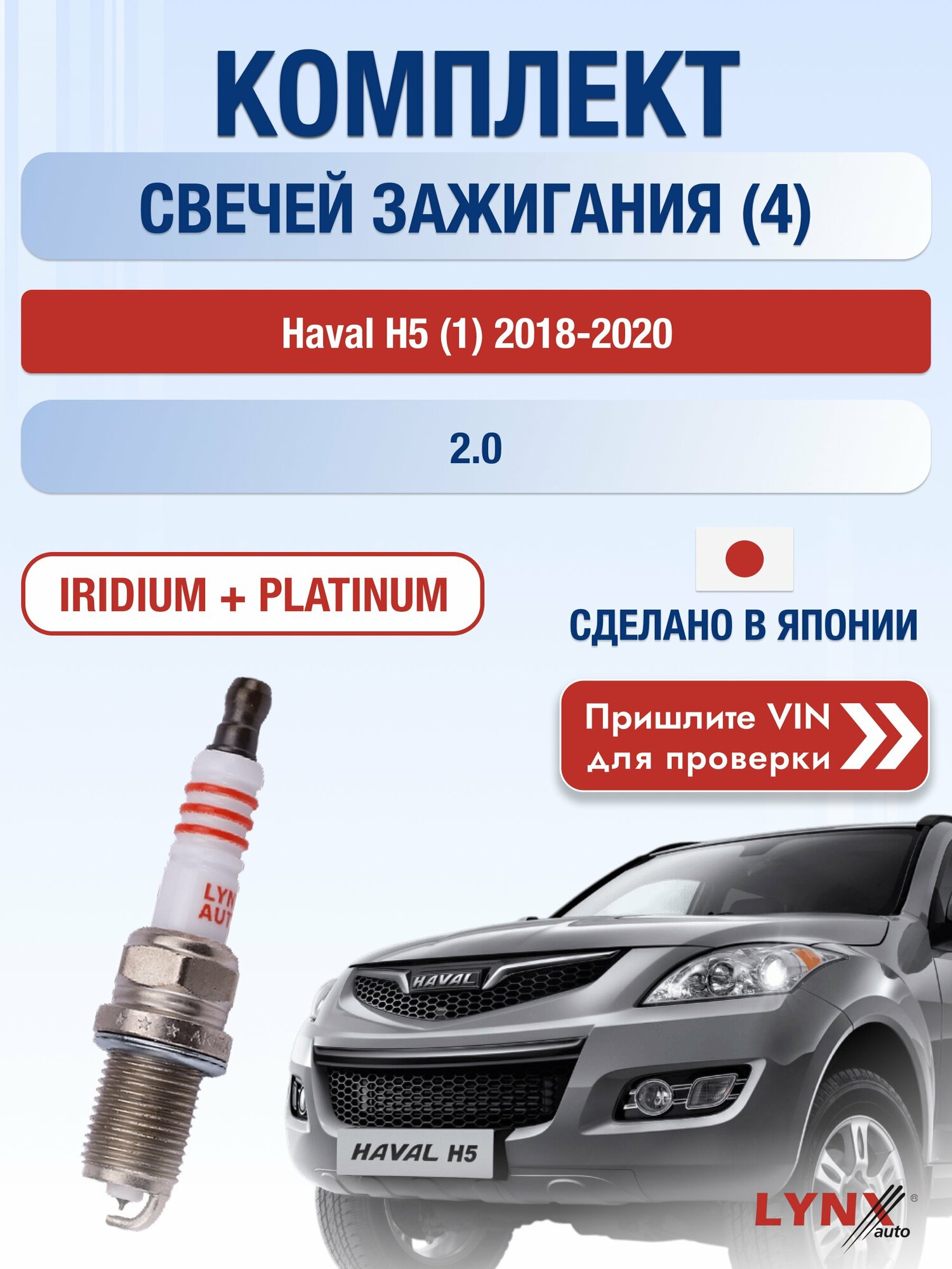Свечи зажигания на Haval H5 (1) 2018-2020г./ комплект 4 шт. Двигатель 2.0 (4G63-S4T) SP-197/ LYNXauto