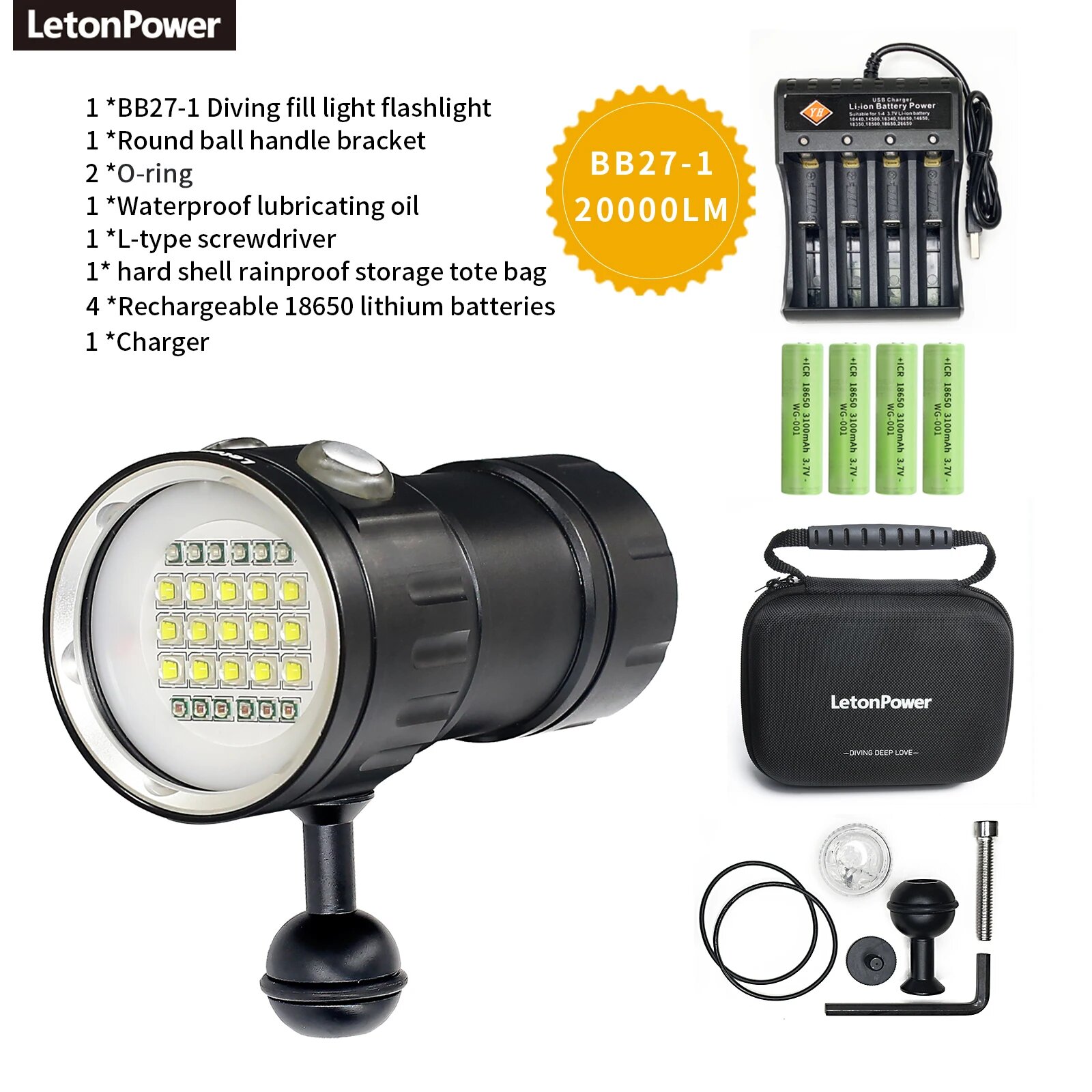 LetonPower Фонарь подводный 20000LM, 15 XM-L2, 27-1 BT BC