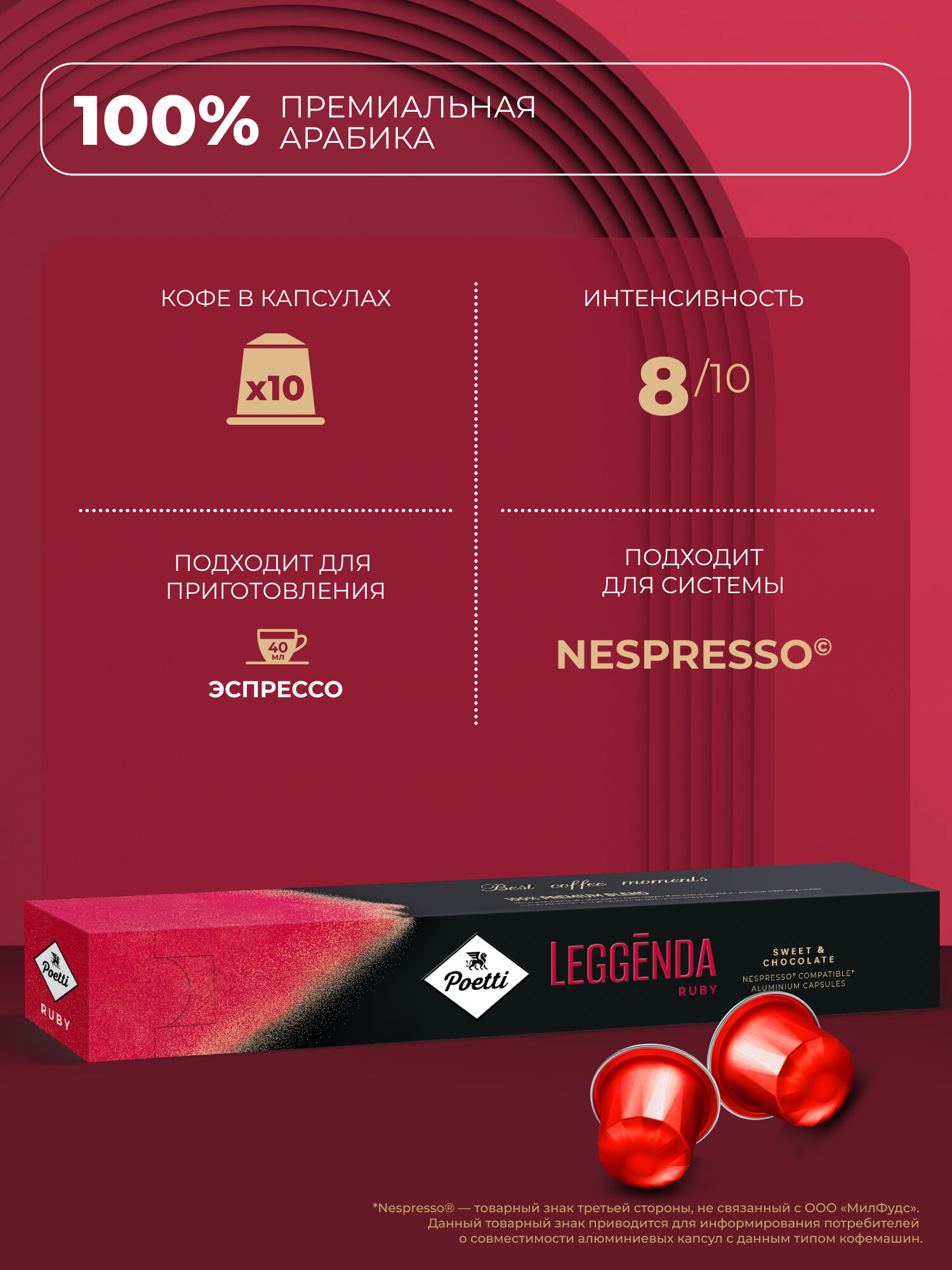 Кофе в капсулах Poetti "Leggenda Ruby", средняя обжарка, для Nespresso, 10 капсул