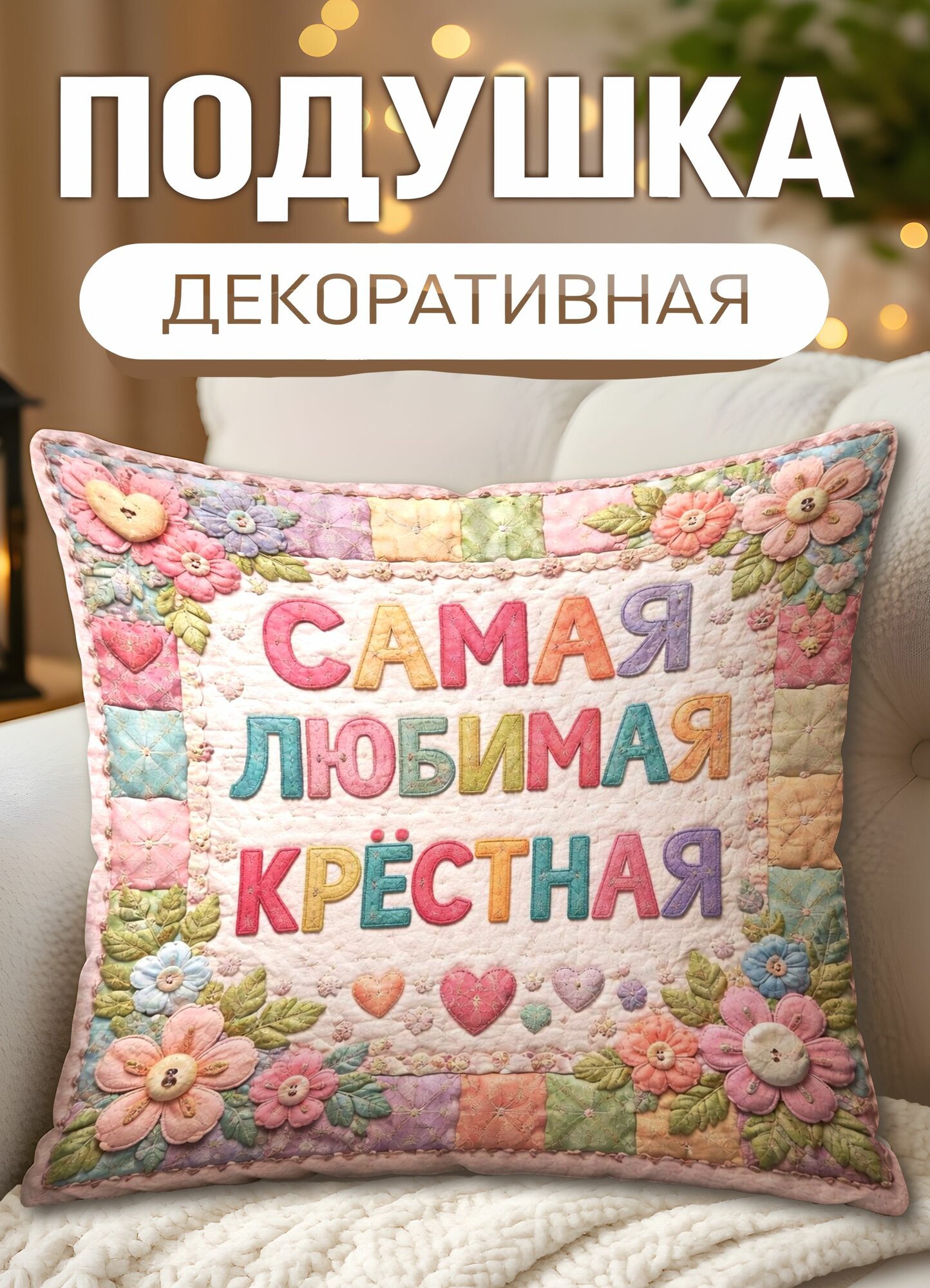 Подушка декоративная с принтом Самая любимая крёстная, размеры 40 х 40 см, 1 шт.