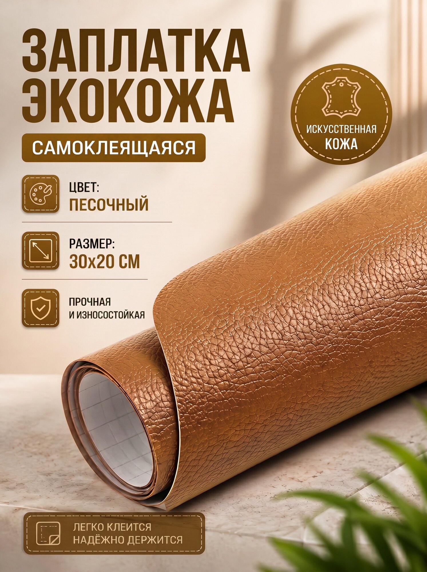 Заплатка из эко кожи для сумки, рюкзака 30х20 см, цвет песочный