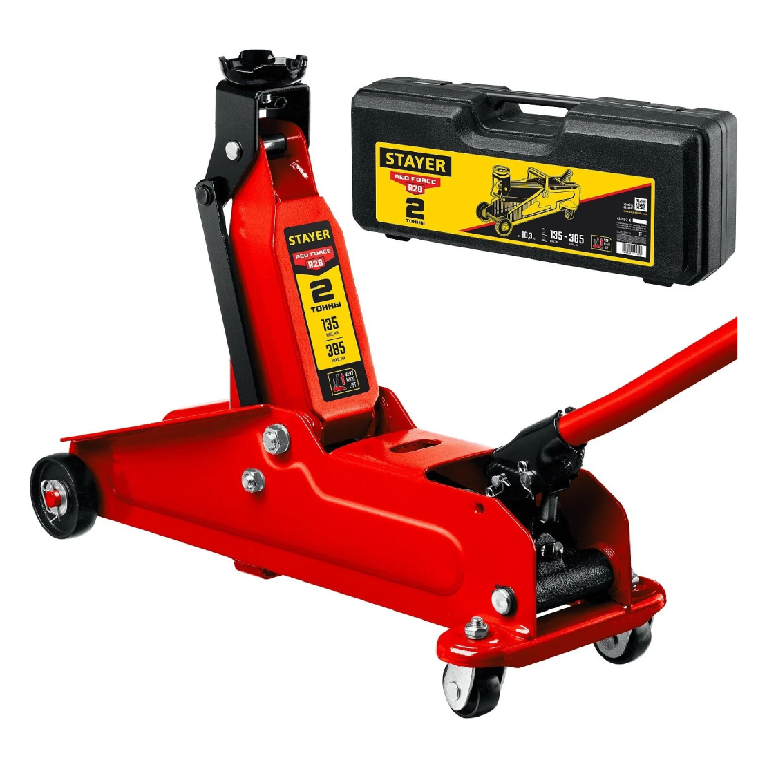 Гидравлический подкатной домкрат STAYER R-28 RED FORCE Professional 43156-2-K, 2 т, подъем 385 мм, сталь, красный