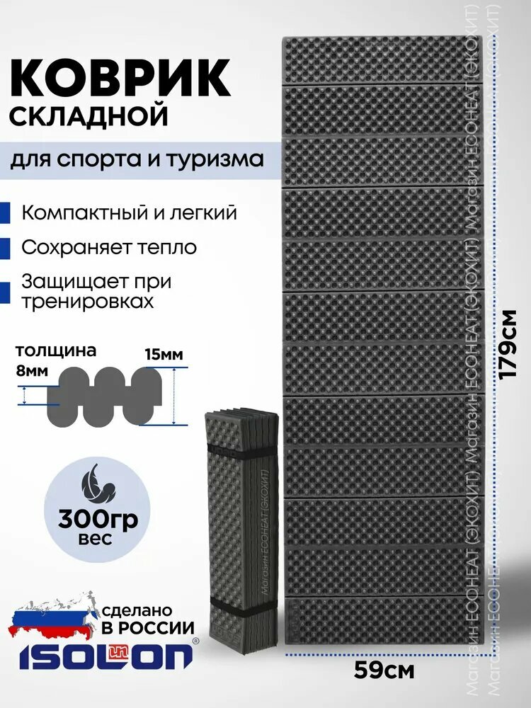 Коврик туристический складной кемпинг флекс / ISOLON / Походный, демпфирующий, армейский, не промокает, 2 резинки в подарок, складывается в толстую сидушку