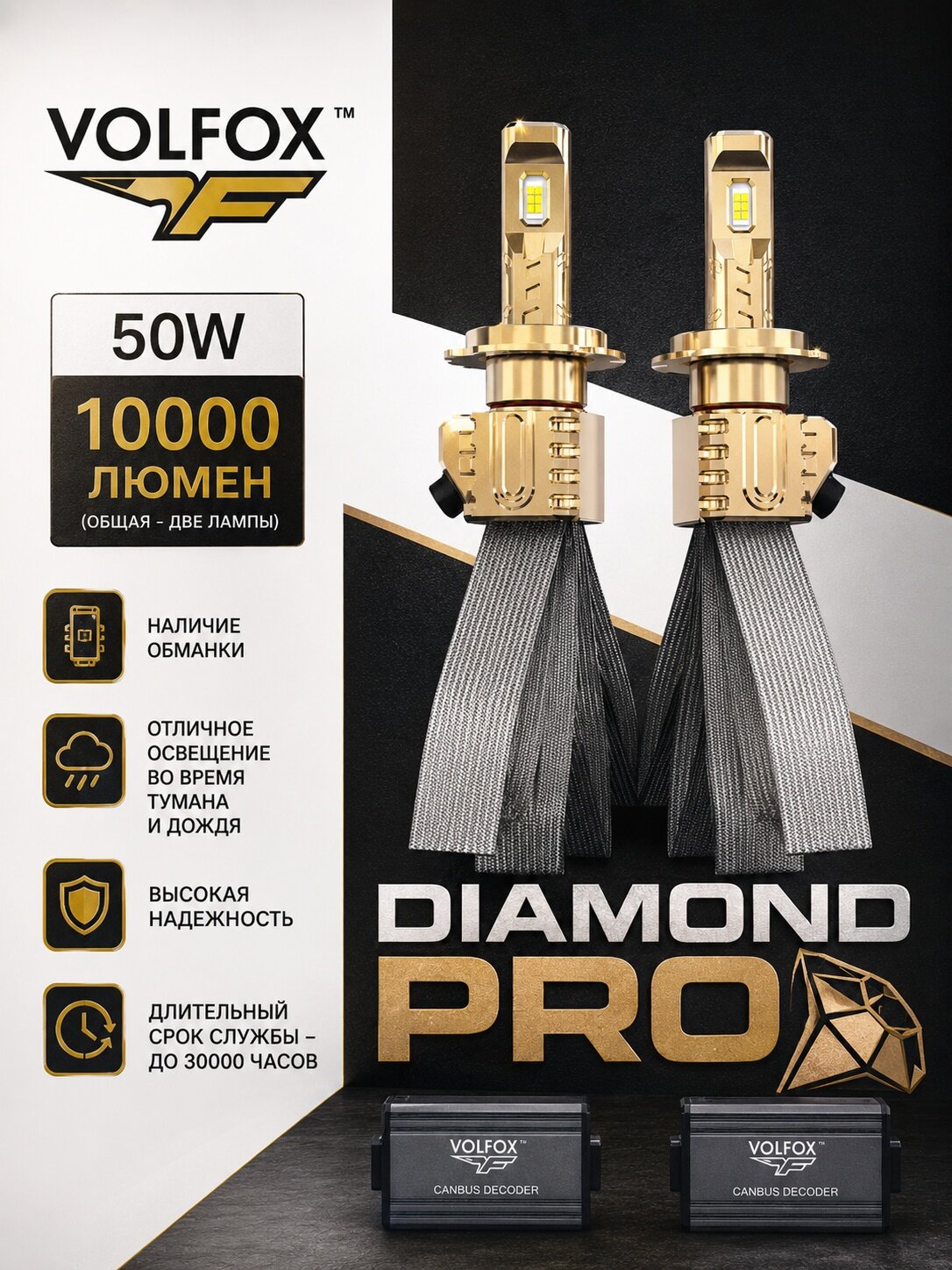 Комплект светодиодных ламп VOLFOX, DIAMOND PRO LED H3 с обманкой и лентой охлаждения, цвет белый