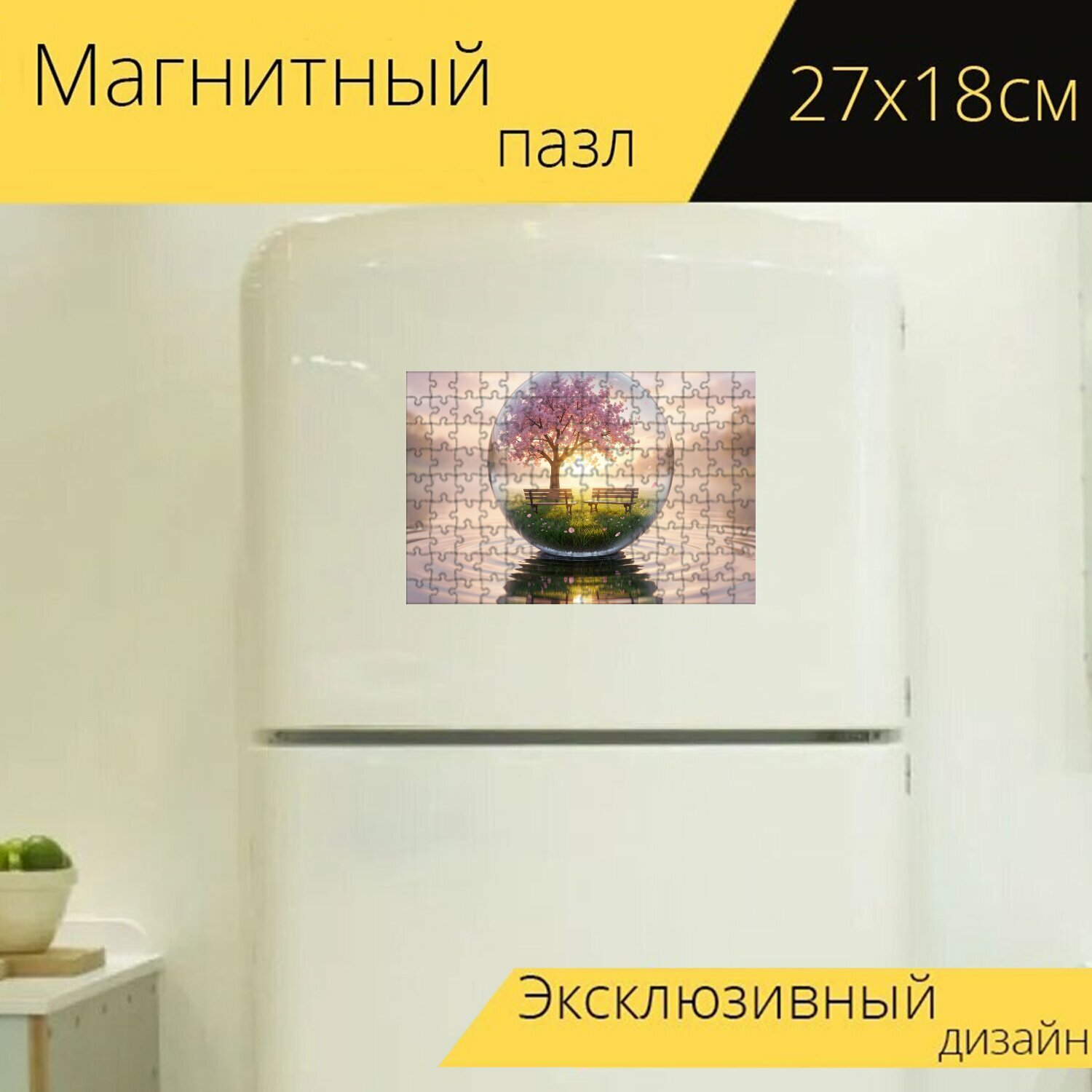 Магнитный пазл "Сакура в стеклянной сфере. Мечтательная весенняя сцена: прозрачный шар с цветущей сакурой, скамейками и отражением в воде, мягкие." на холодильник 27 x 18 см.