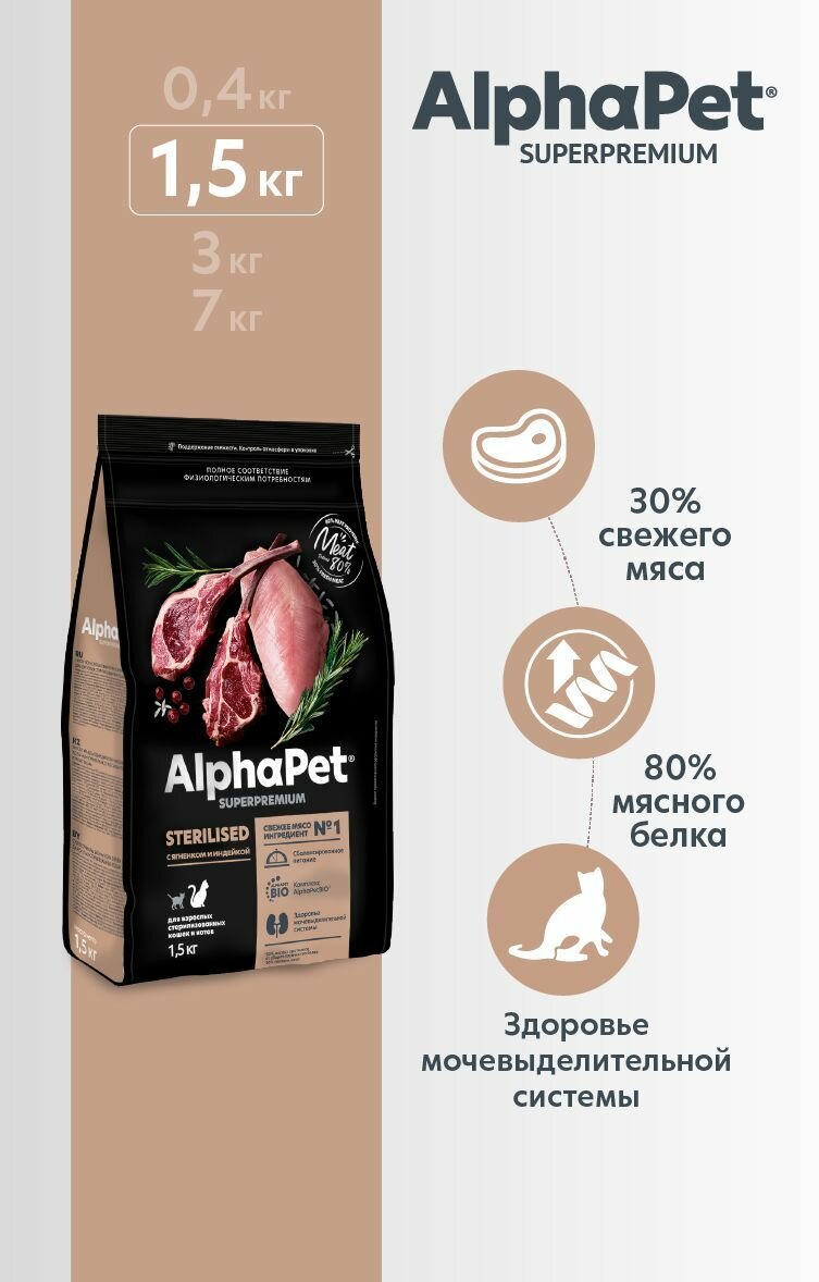 ALPHAPET SUPERPREMIUM STERILISED 1,5 кг сухой корм для взрослых стерилизованных кошек и котов с ягненком и индейкой