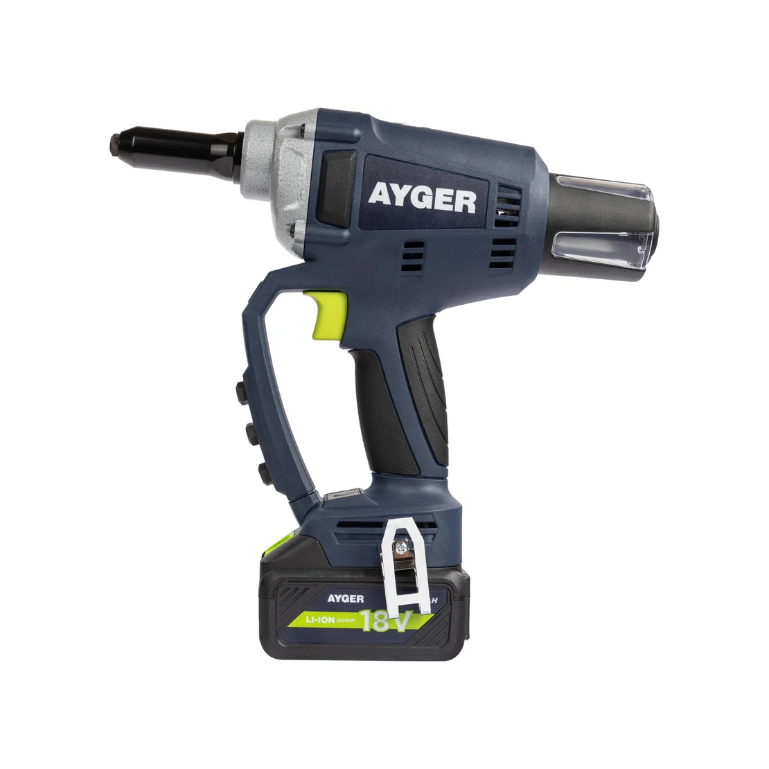 Аккумуляторный вытяжной заклепочник Ayger AP100, Li-Ion, 4.0 А·ч, 20000 Н, ход поршня 25 мм, синий