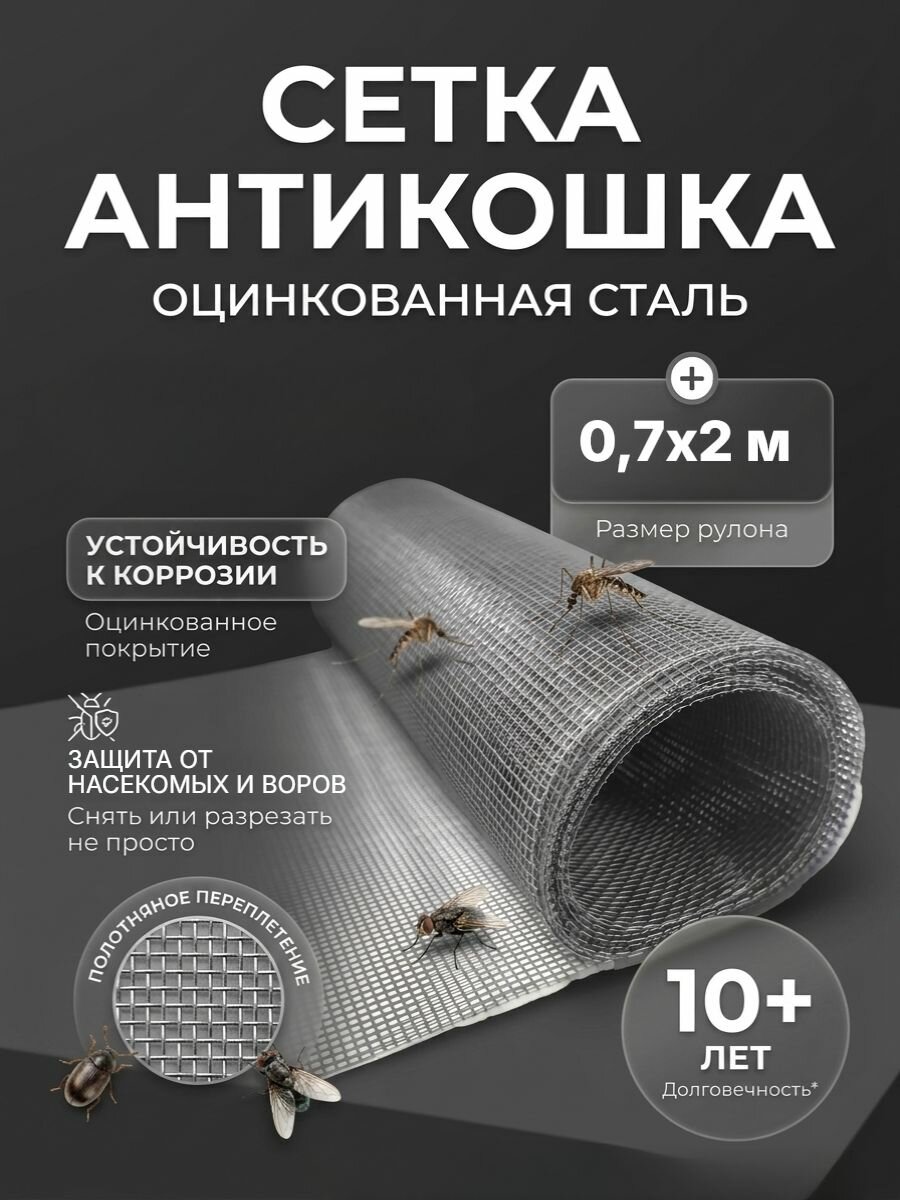 Москитная сетка антикошка из оцинкованной стали в рулоне 0,7х2 метра