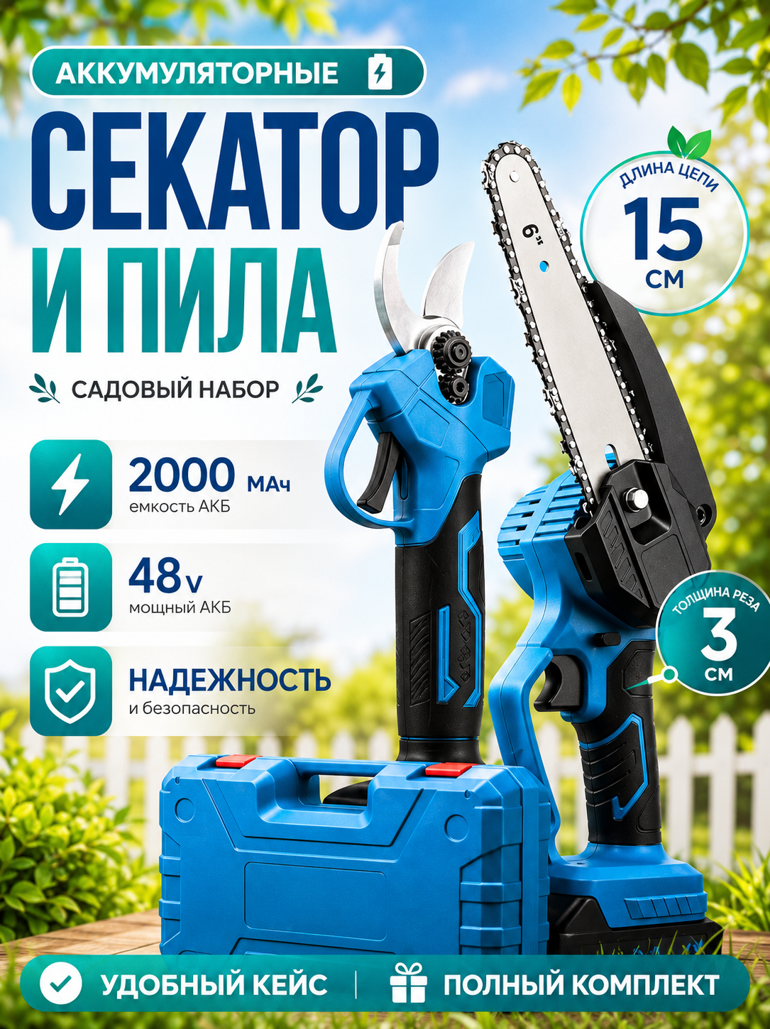 Садовый набор бесщеточного инструмента 2 в 1 секатор и мини пила с 2 аккумуляторами в кейсе