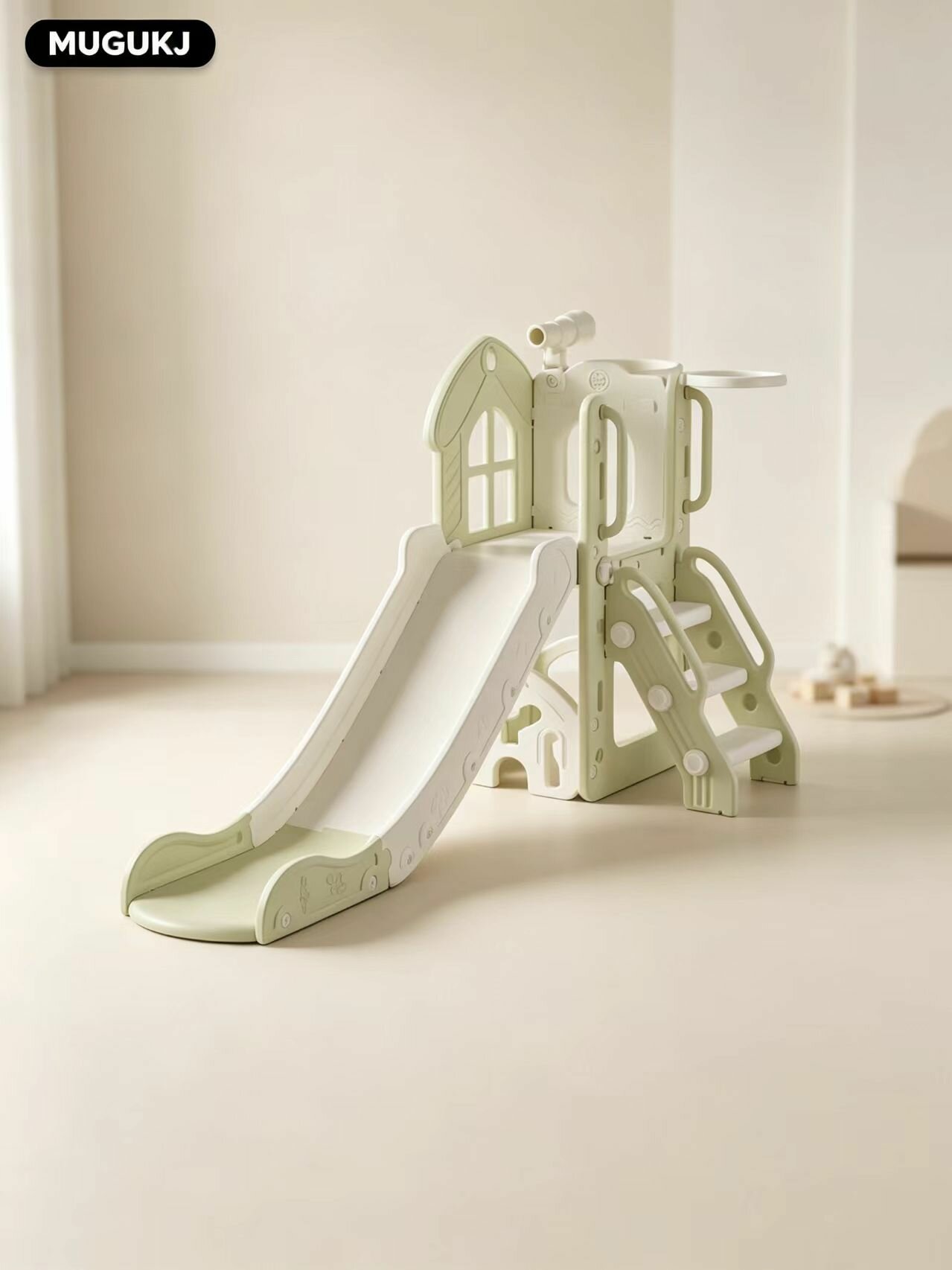 Горка детская многофункциональная для дома , HDPE, 160 см, с корзиной и хранением HDPE 160cm Горка детская для дома с баскетбольным кольцом, телескопом и ящиком для игрушек, 169 см