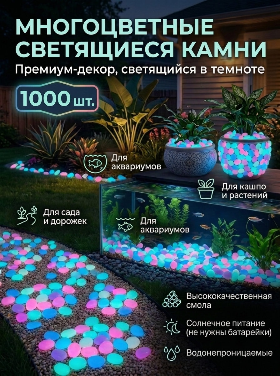 Светящийся камень, сад, аквариум, цветочный горшок. Смола, 1000 шт.