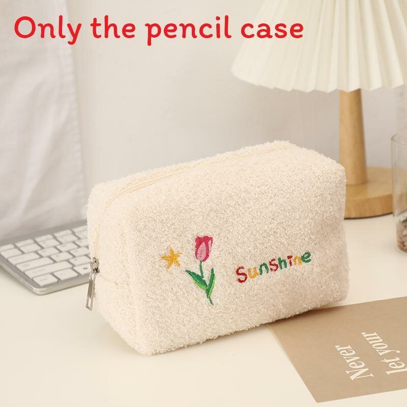 Portable plush makeup organizer with floral design for travel and gift ivory