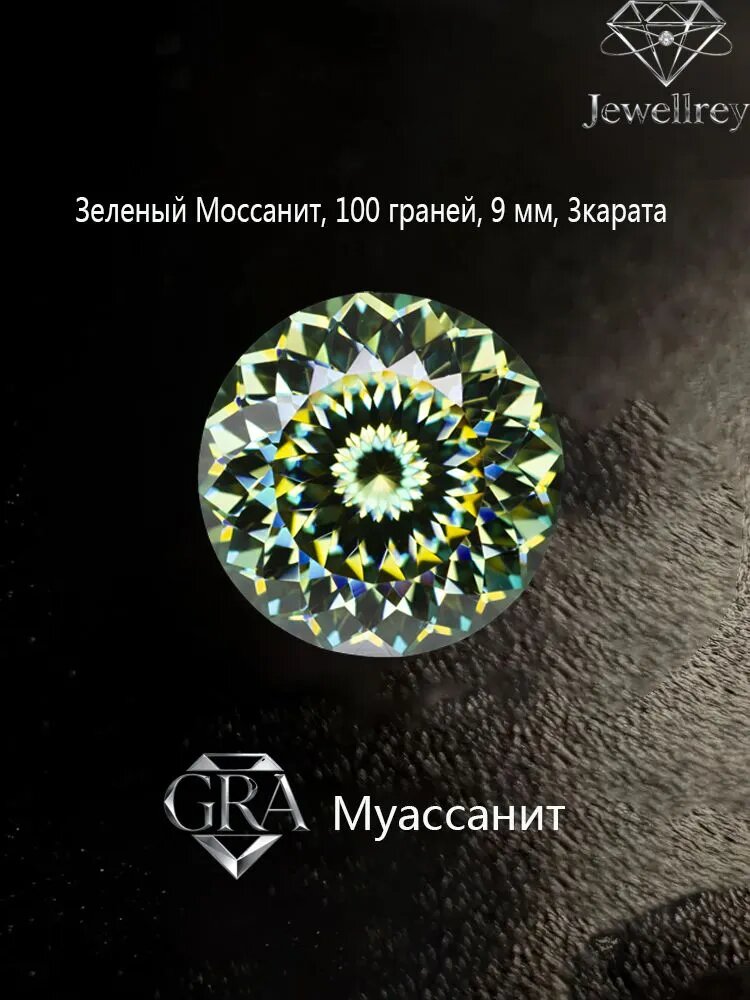 Круглый моссанит, 100-гранная огранка, светло-зеленый