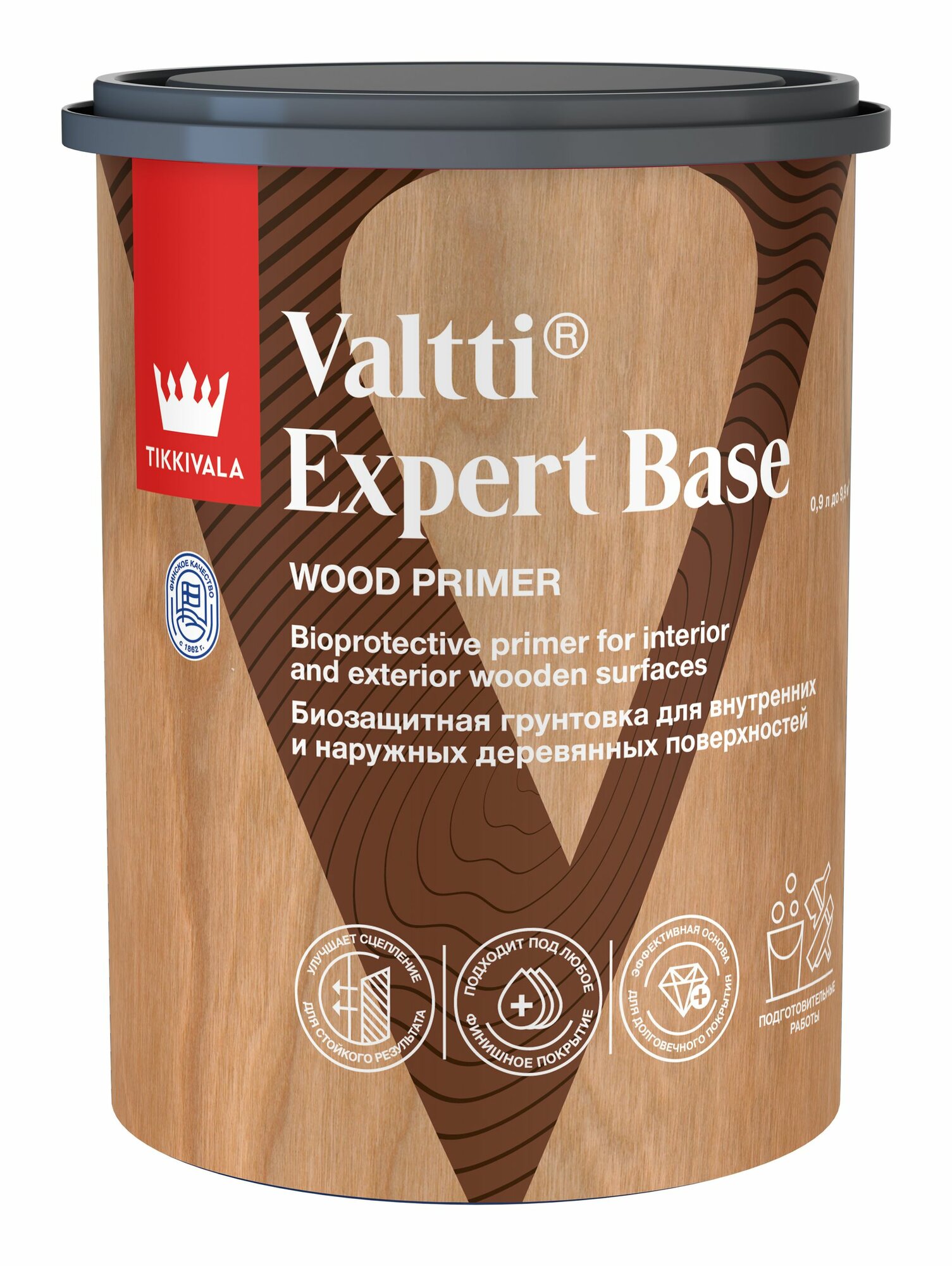 Антисептик грунт Tikkurila VALTTI EXPERT BASE, Бесцветный, 0,9л, высокоэффективная биозащитная грунтовка для древесины