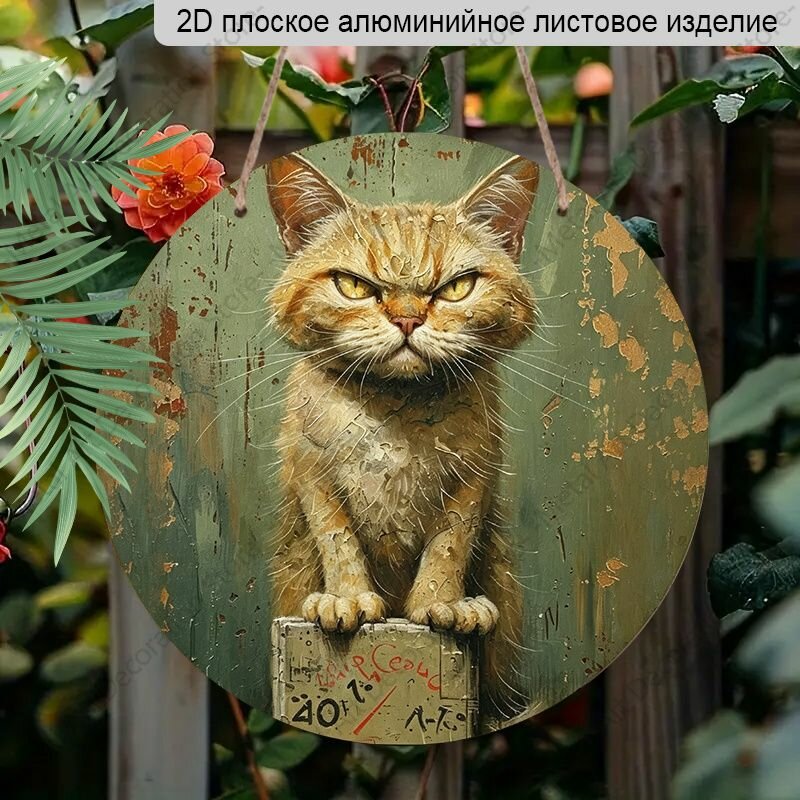 Круглая алюминиевая подвеска 20 см, 2D плоская, картина с рыжим котом в американском винтаж стиле, настенное украшение