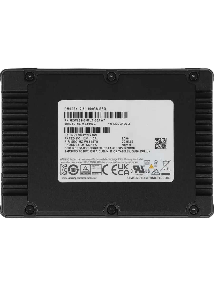 SSD-накопитель Samsung PM9D3a MZWL6960HFJA-00AW7, 960 ГБ, 2.5", PCIe Gen 5.0 x4, NVMe 2.0, черный