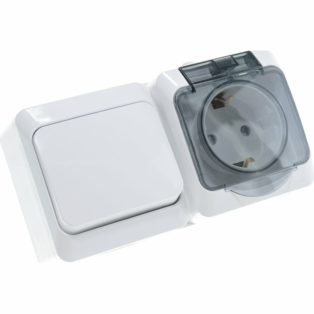 Блок Systeme Electric ОП Этюд IP44 белый, 1-клавишный выключатель+евророзетка з/ш SchE BPA16-241B — фото 1