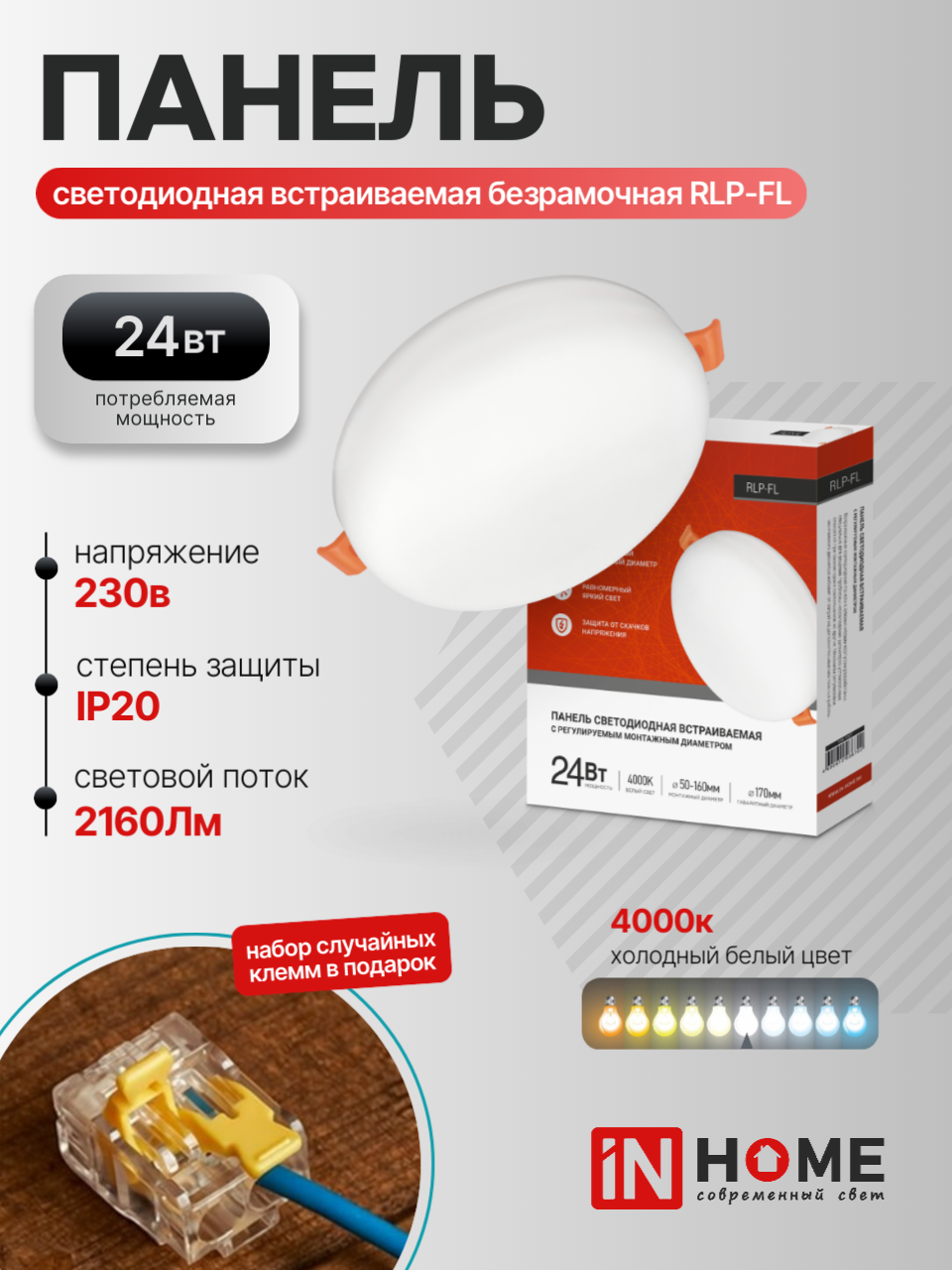 Панель светодиодная встраиваемая безрамочная RLP-FL 24Вт 230В 4000К 2160Лм 170мм с рег монт. 45-140мм белая IP20 IN HOME