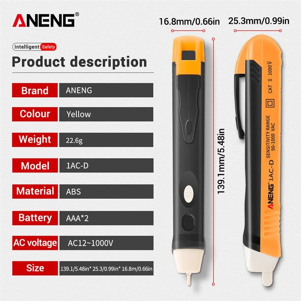 Не контактный индикатор напряжения ANENG 1AC-D, 90 1000 В переменного тока, жёлтый