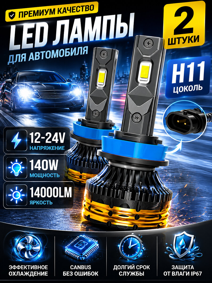 Лед лампы M9 PRO H11, светодиодные лампы H11 LED лампы сверхяркие 140W, 6000K, 12V