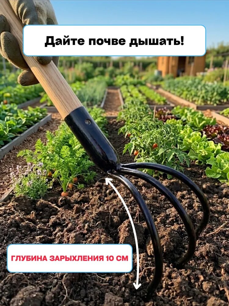 Рыхлитель садовый трехзубый трехстержневой, сделан из стали, прочный, черный — фото 1